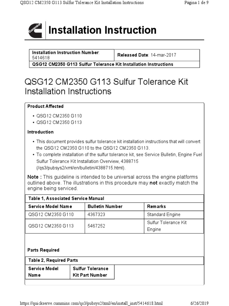 Sulfur Tolerance Kit Installation Instruction QSG12 CM2350 G113 G110 ...