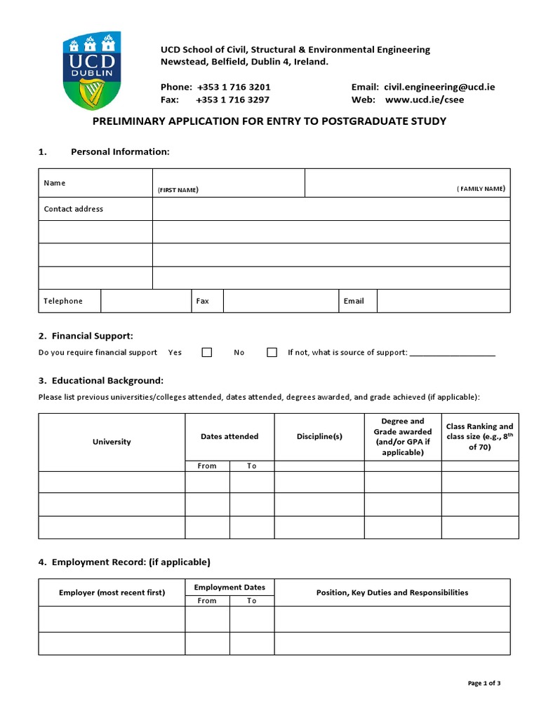UCD CivilEng Postgrad Application Form | PDF | Postgraduate Education ...
