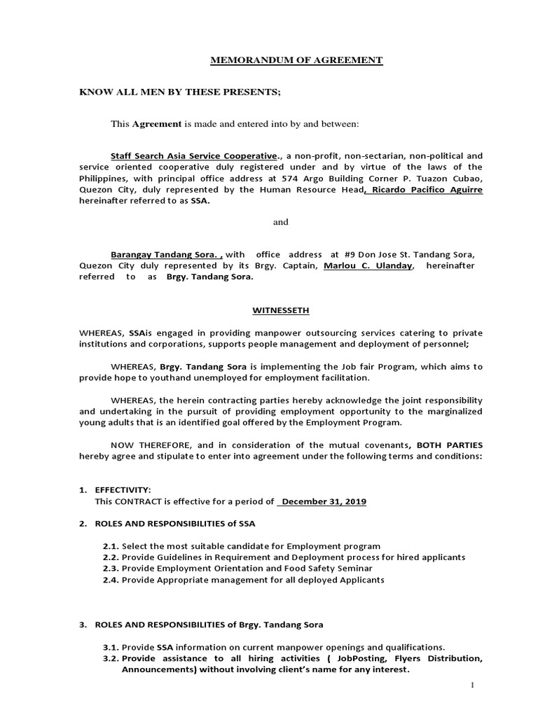 Revised MOA | PDF | Human Resources | Employment