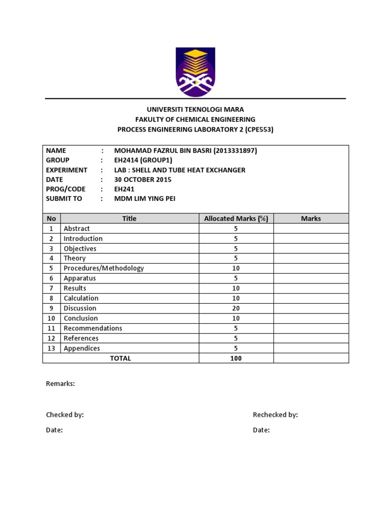 CPE533 Shell and Tube Heat Exchanger Full Lab Report | Download Free ...