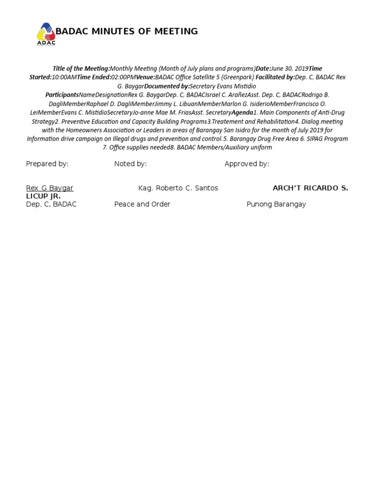 Badac Minutes of Meeting: Prepared By: Noted By: Approved by | PDF