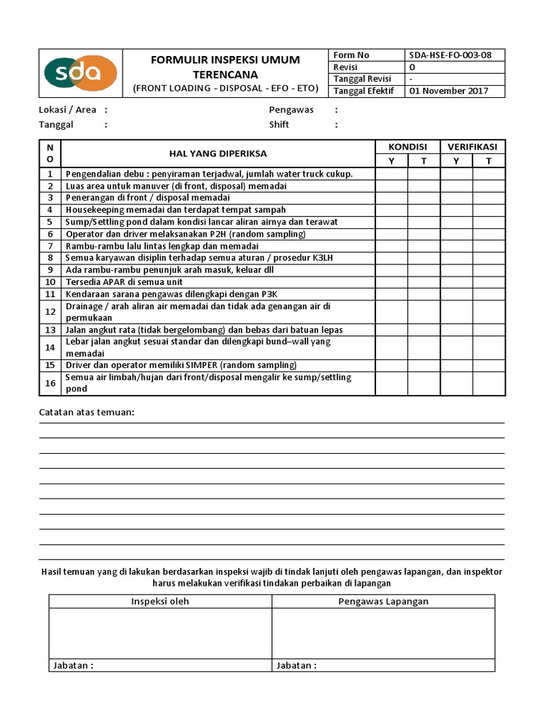 Form Inspeksi Tambang (Area Front Disposal EFO ETO) - Rev 0.0 | PDF