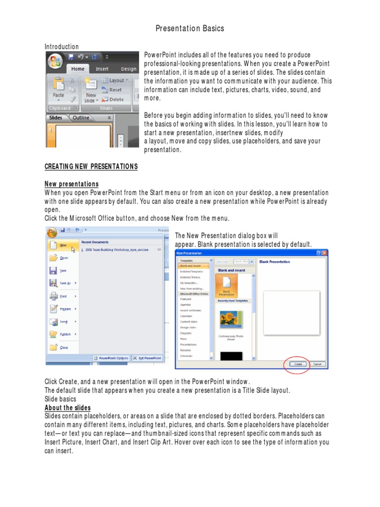 Presentation Basics: Creating New Presentations New Presentations ...