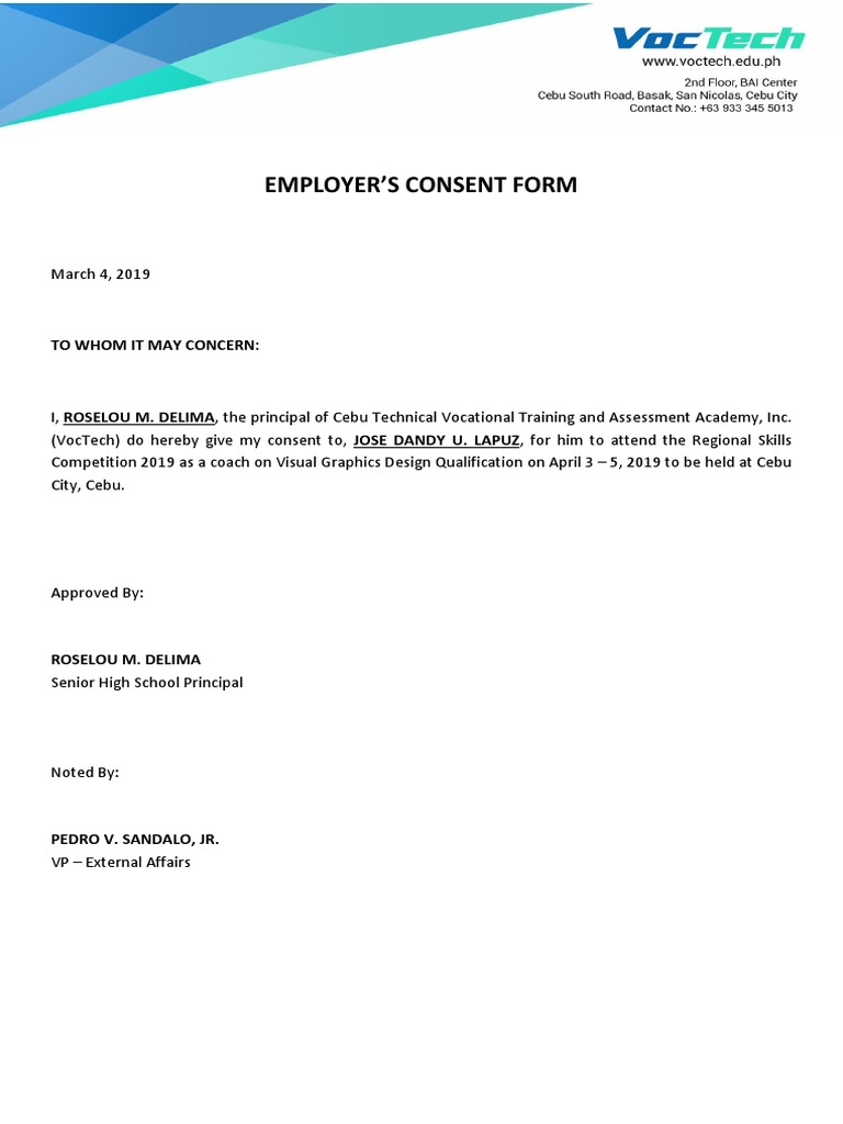 Employer'S Consent Form: To Whom It May Concern | PDF