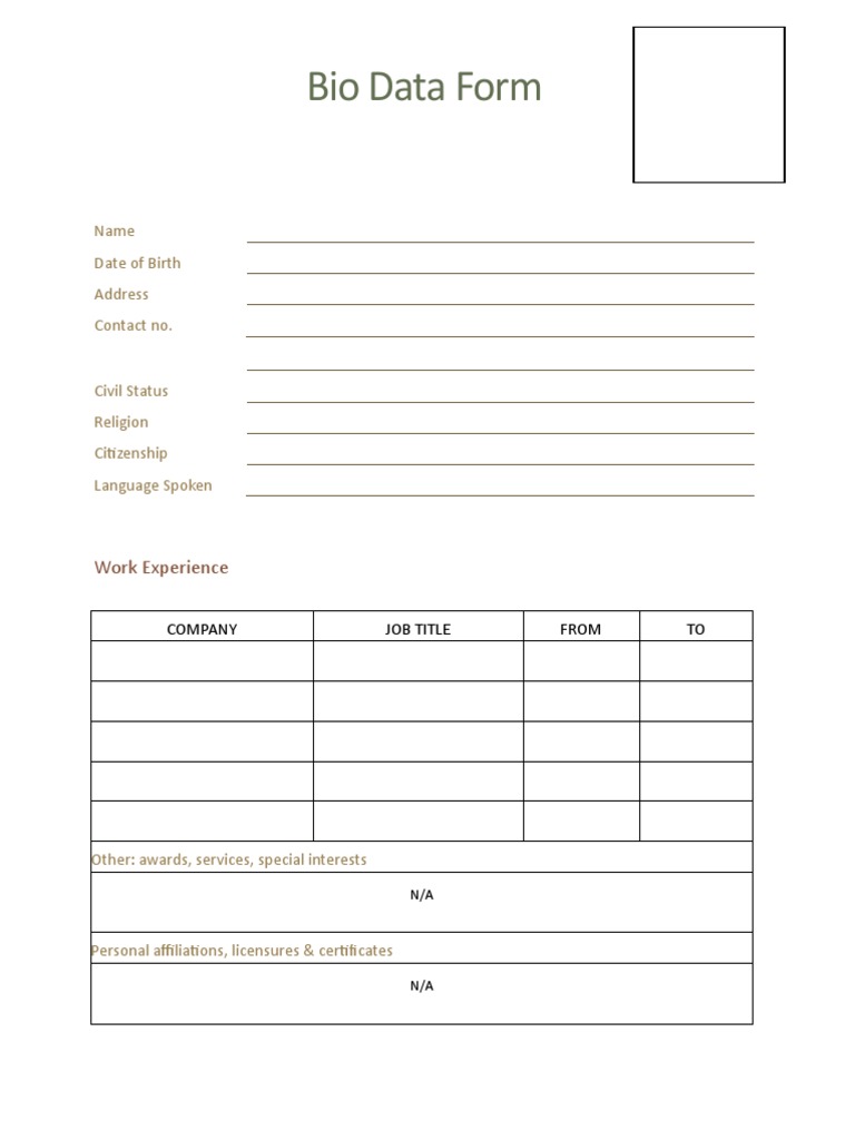 Bio Data Form: Name Date of Birth Address Contact No | PDF