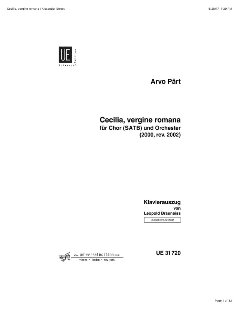 Cecilia, Vergine Romana Piano Score - Alexander Street | PDF