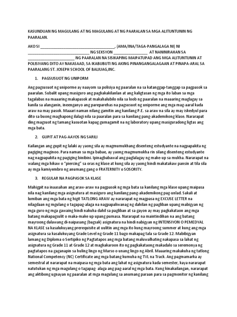 Kasunduan NG Magulang at NG Magulang at NG Paaralan Sa Mga Alituntunin NG Paaralan | PDF
