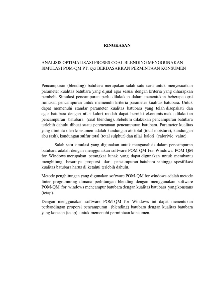 Ringkasan Proposal Analisis Optimalisasi Proses Coal Blending Menggunakan Simulasi Pom-Qm PT | PDF