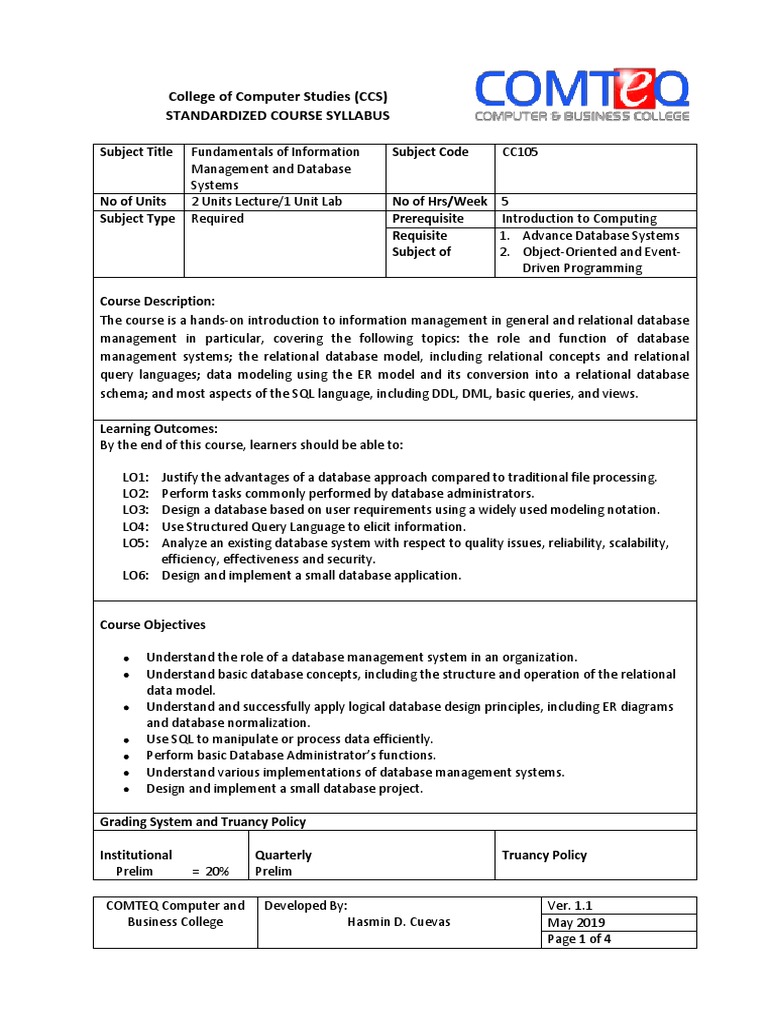 Fundamentals of Information Management and Database Systems Syllabus ... Fundamentals of Information Management and Database Systems Syllabus ...