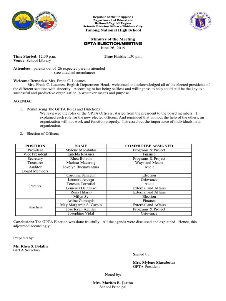 GPTA Election Meeting Minutes | PDF | Government | Accounting