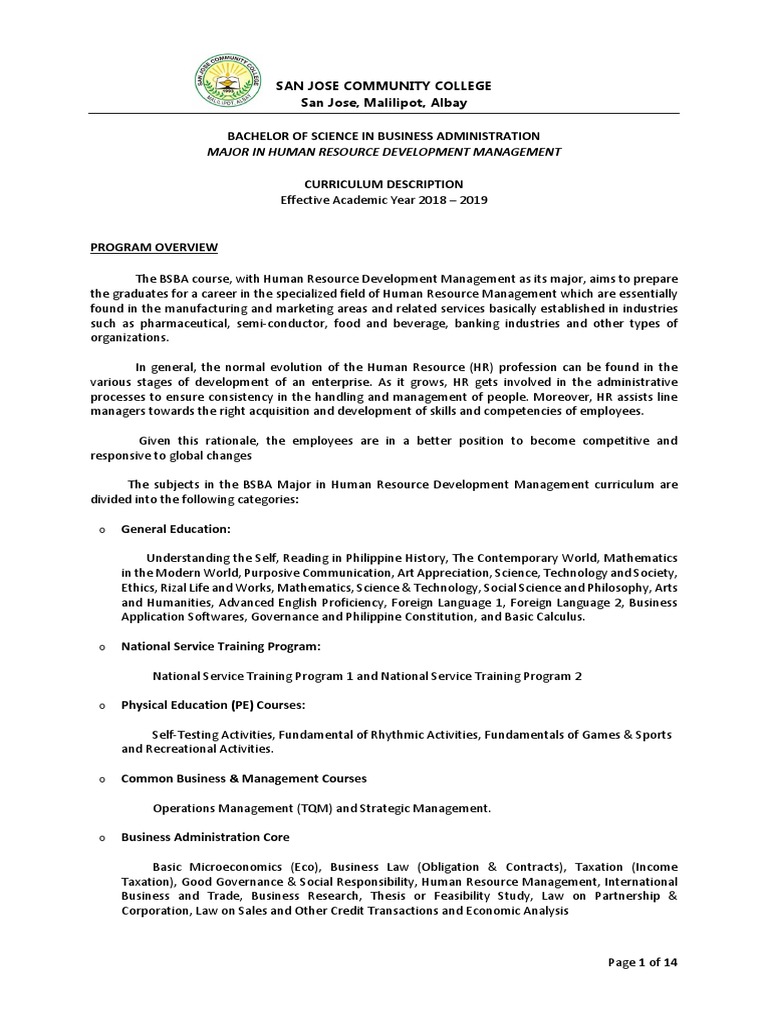 Curriculum Component - Bsba HRDM | PDF | Physical Education | Business Process Outsourcing
