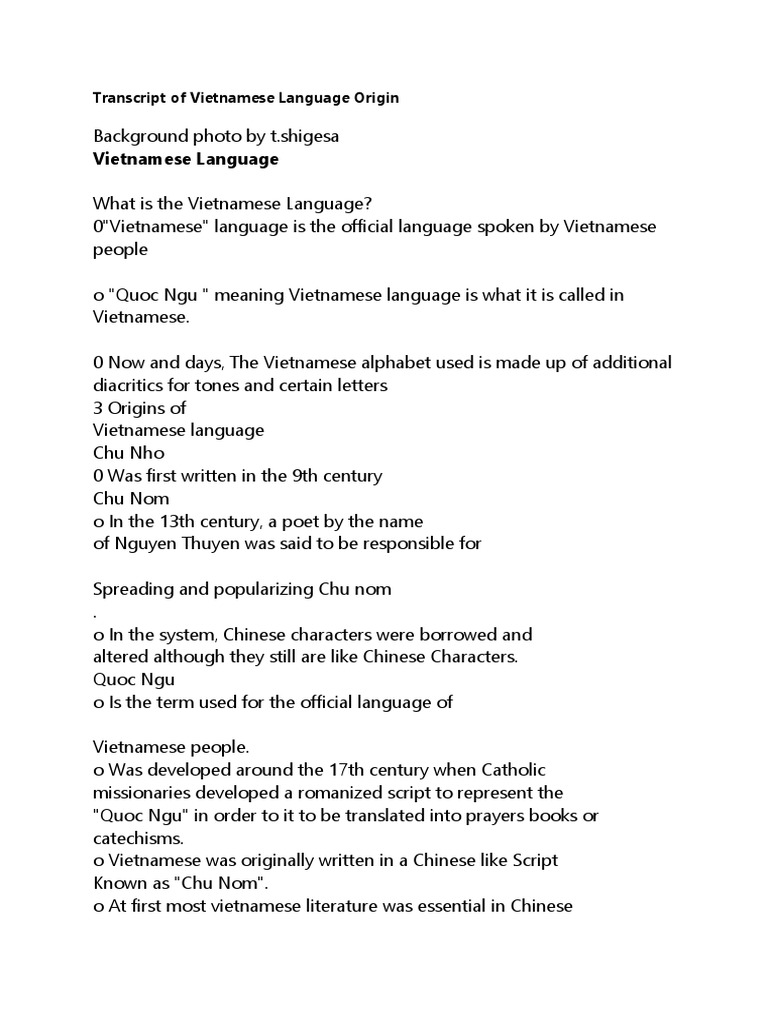 Transcript of Vietnamese Language Origin | PDF | Vietnamese Language ...