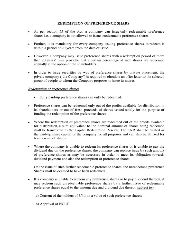 Preference Shares Redemption Guide | PDF | Stocks | Preferred Stock