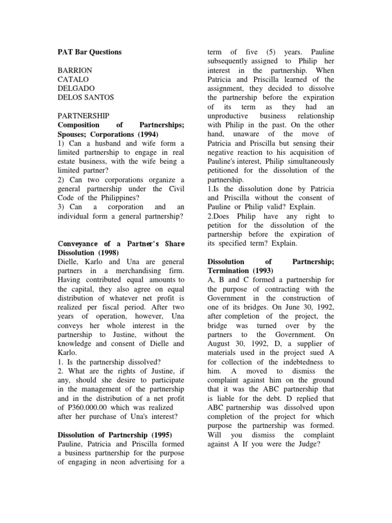 PAT Bar Questions | PDF | Partnership | Real Property