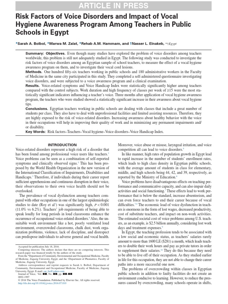 Risk Factors of Voice Disorders and Impact of Vocal Hygiene Awareness ...