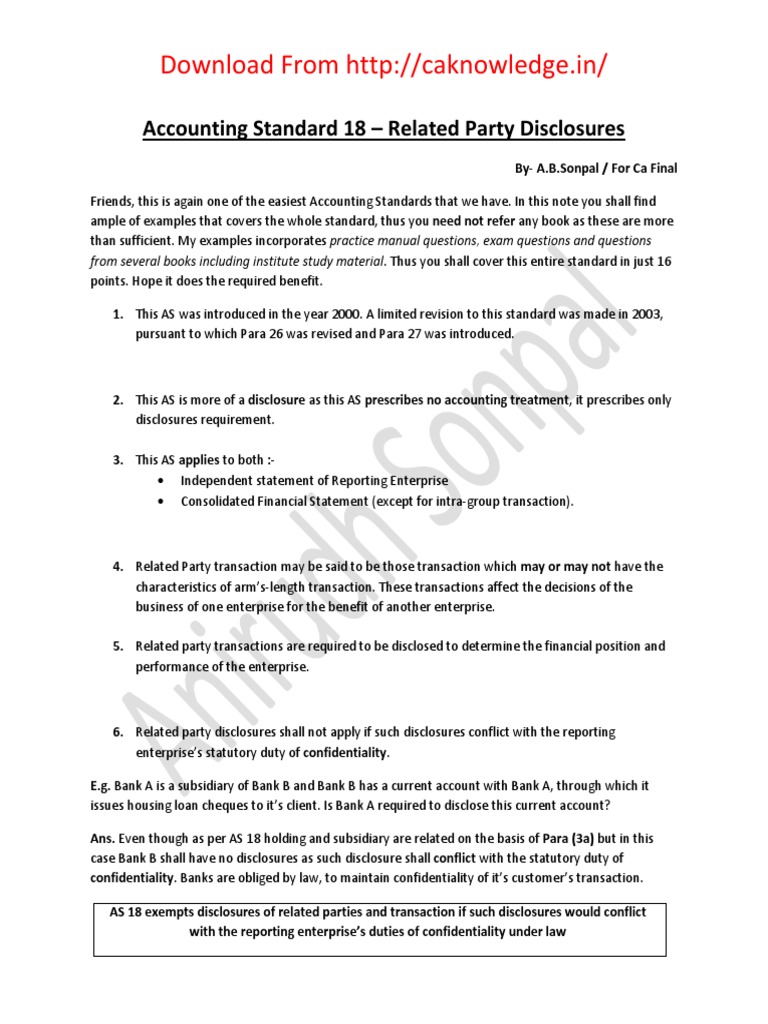 AS 18: Related Party Disclosures Guide | PDF | Subsidiary | Banks
