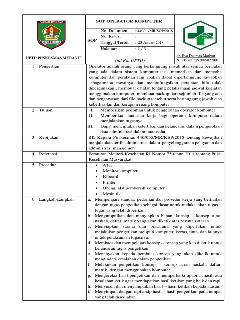 Sop Operator Komputer | PDF