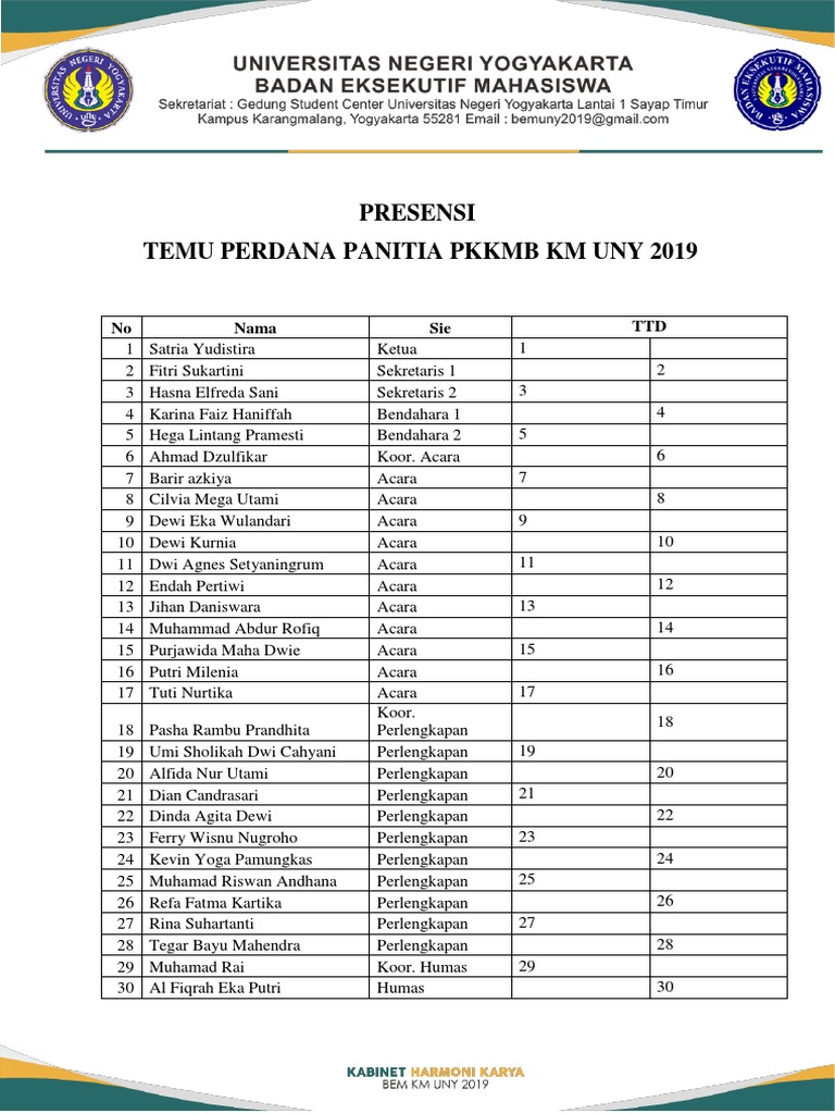 Presensi Panitia PKKMB Uny 2019 | PDF | Agama & Spiritualitas