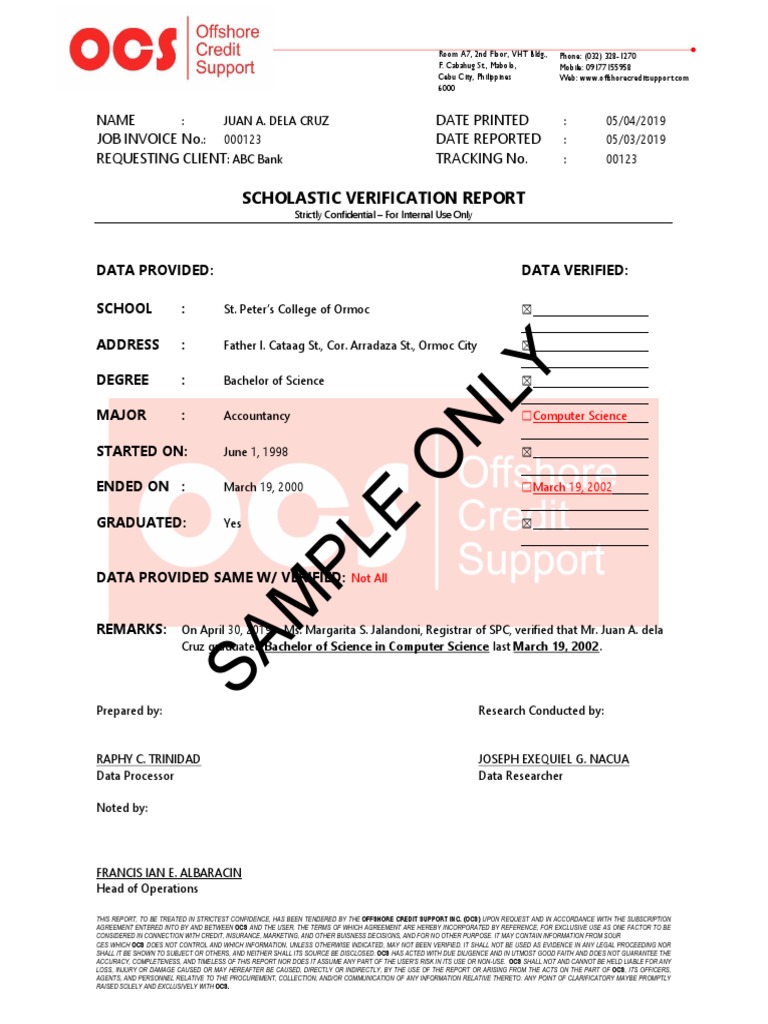 Scholastic Verification Report Sample | PDF | Business