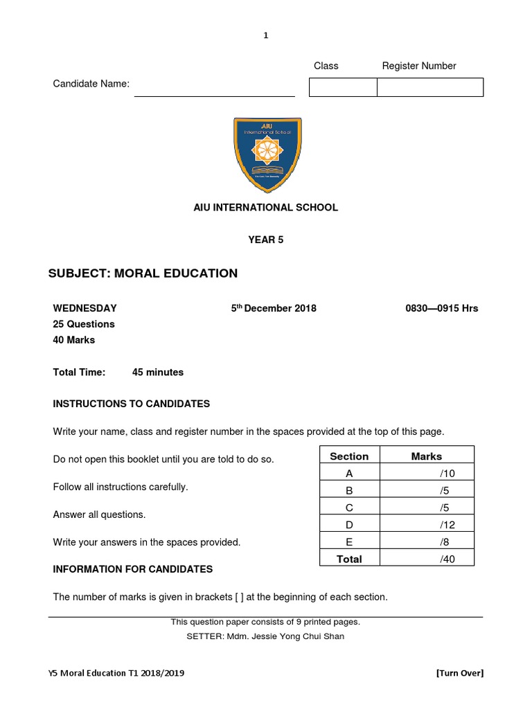 Moral Education Paper Year 5 | PDF