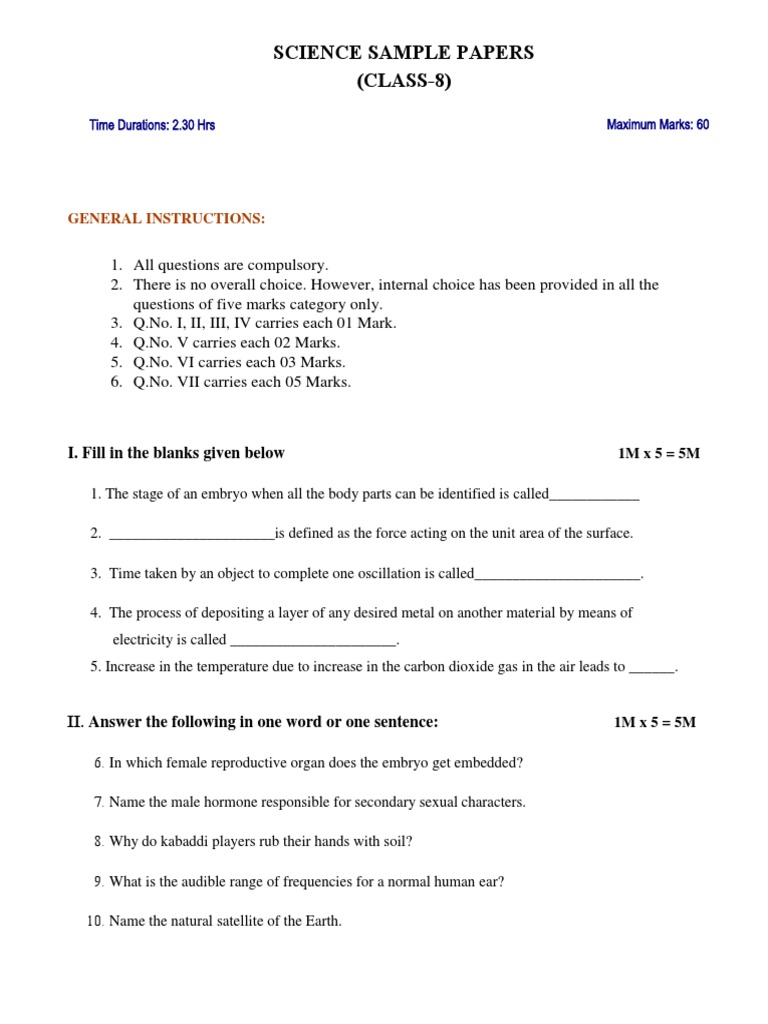 Class 8 Science Sample Paper | PDF | Atmosphere Of Earth | Liquids