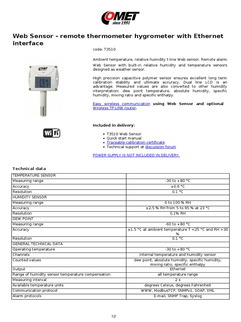 Comet Datasheet T3510 PDF | PDF | Celsius | Sensor