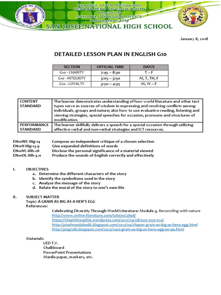 A Grain As Big As A Hen's Egg | PDF | Lesson Plan | Learning