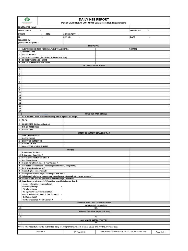 OETC-HSE-O-COP-F-010 Daily HSE Report PDF | PDF | Safety | Nature
