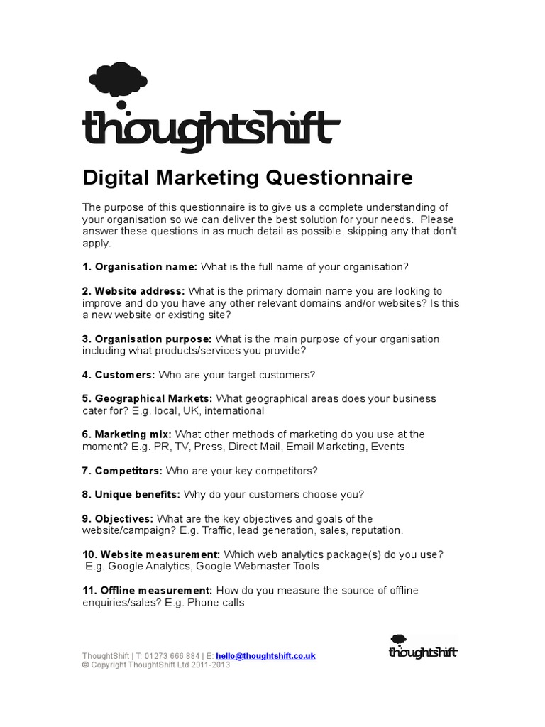 Digital Marketing Questionnaire: Thoughtshift - T: 01273 666 884 - E ...