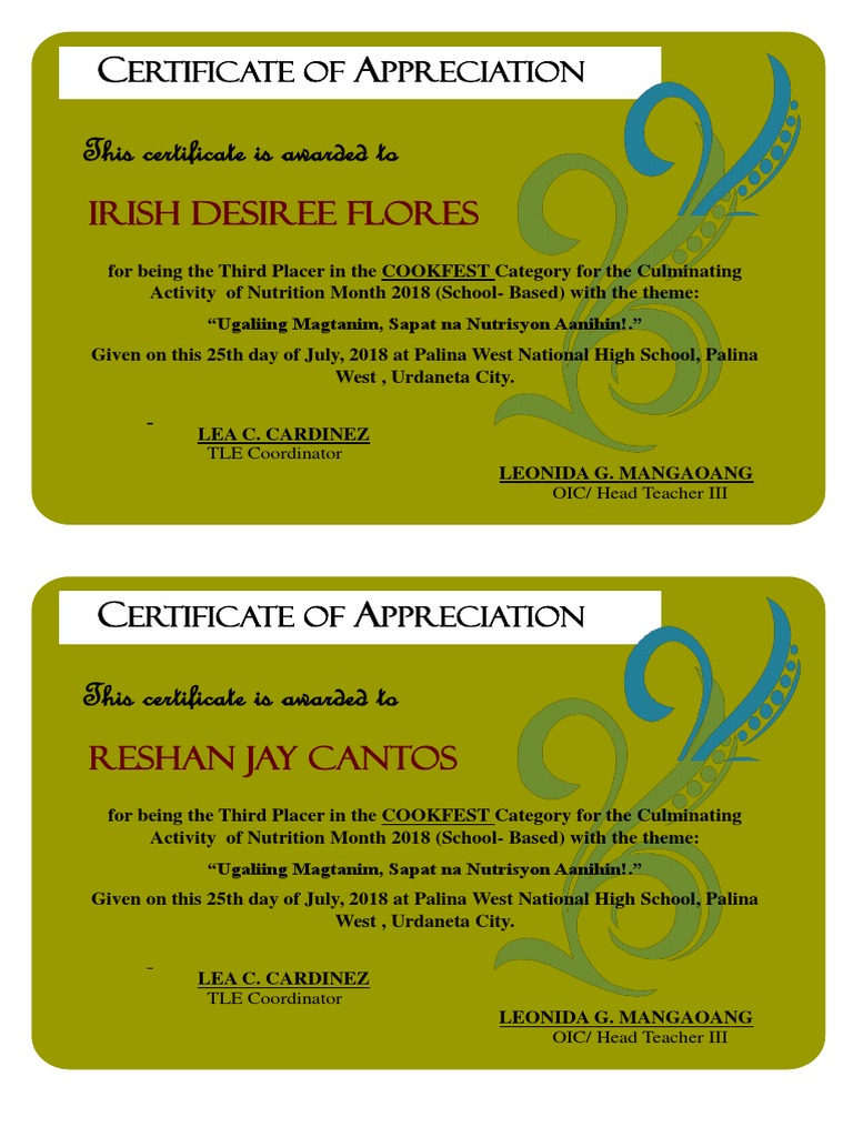 Certificates Nutrition Month | PDF