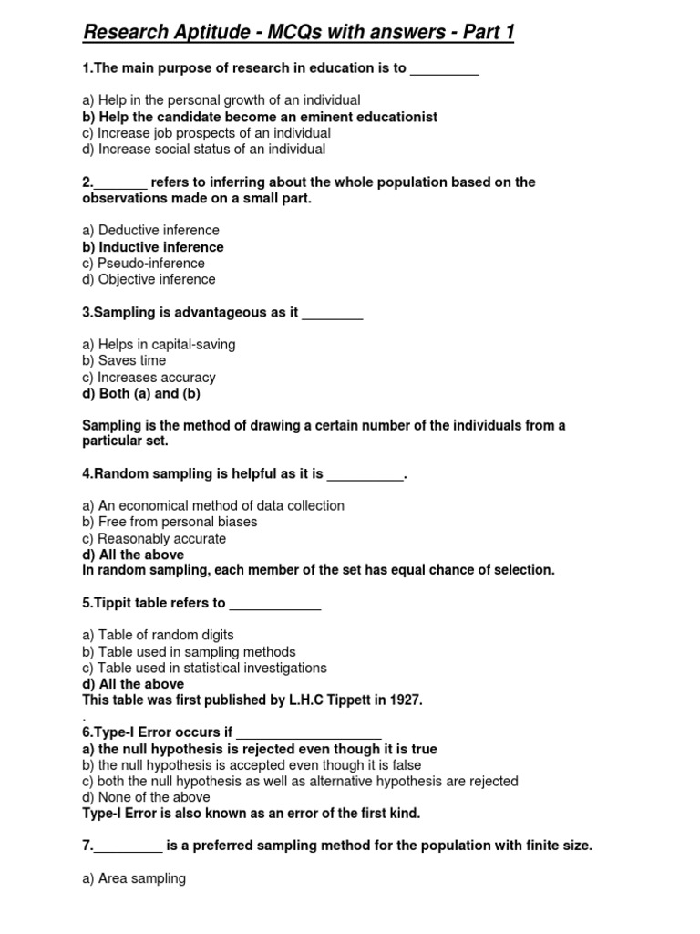 Research Aptitude - Mcqs With Answers - Part 1 | PDF | Sampling ...