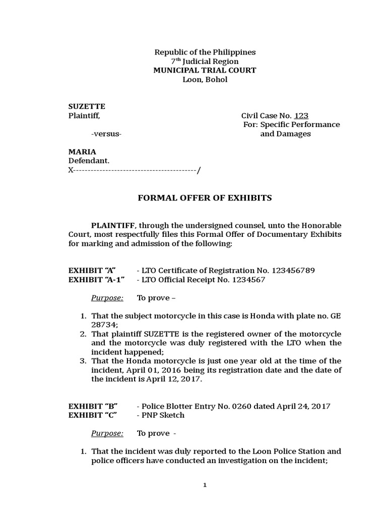 SAMPLE Formal Offer of Exhibits | PDF | Damages | Public Law