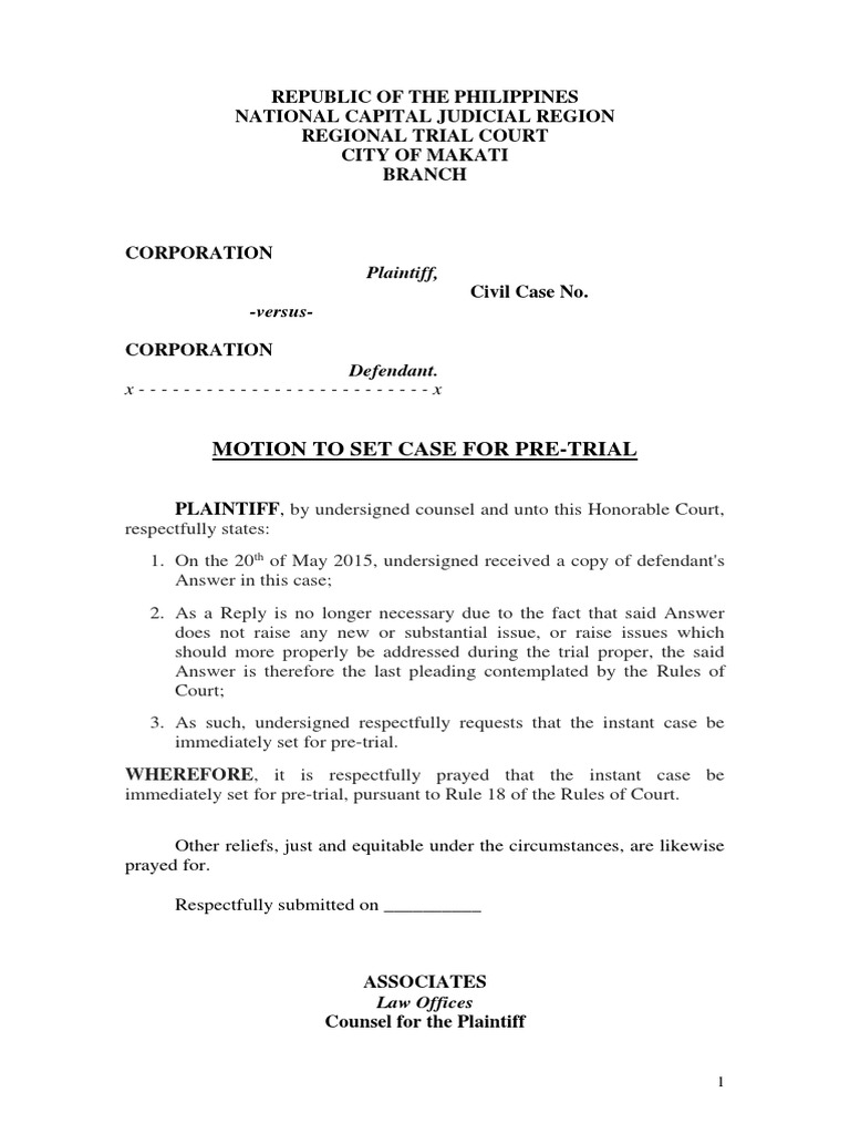 Republic Of The Philippines National Capital Judicial Region Regional ...