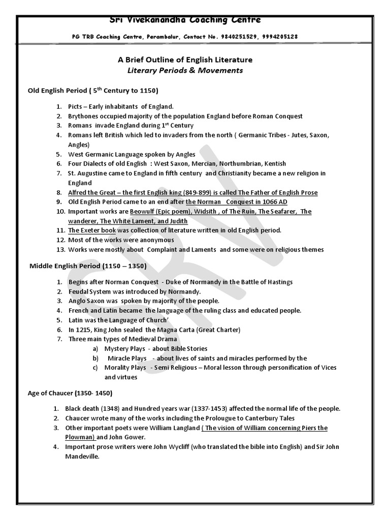 A Comprehensive Overview of English Literary Periods and Movements from Old English to ...