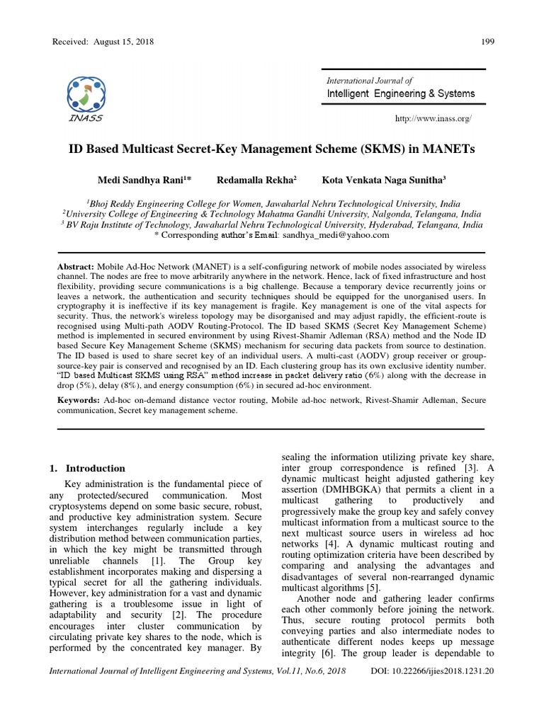 Id Based Multicast Secret-Key Management Scheme (SKMS) in Manets | PDF | Cryptography | Routing