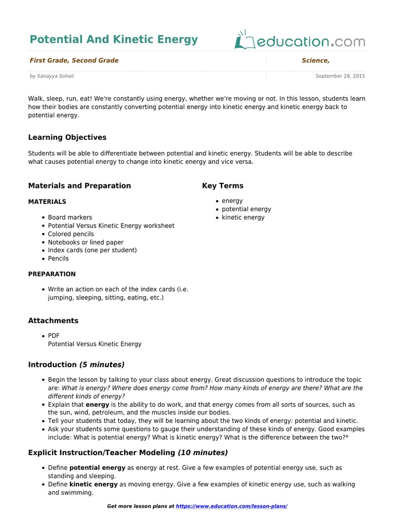 Potential vs. Kinetic Energy Lesson Plan | PDF | Kinetic Energy ...