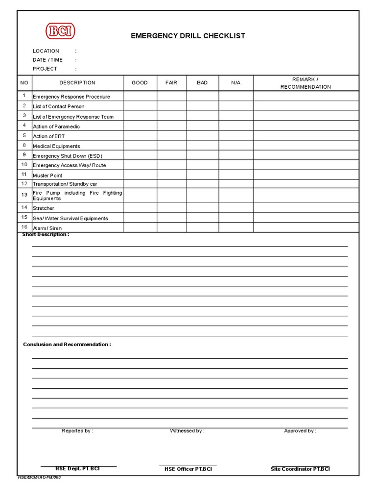 Emergency Drill Checklist: Short Description | PDF