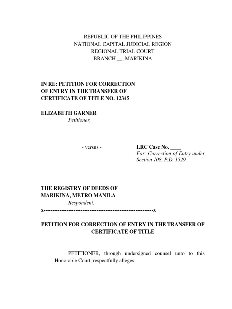 Petition For Correction of Entry Sample | PDF | Law And Economics ...