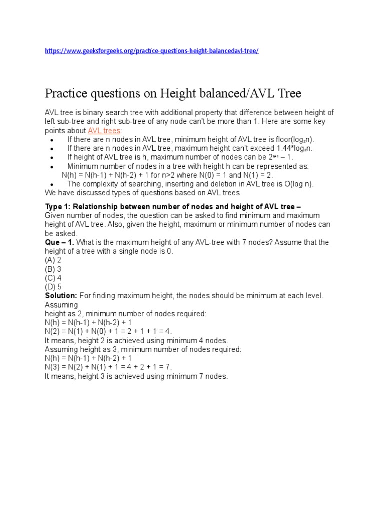 Practice Questions On Height balanced/AVL Tree | PDF | Algorithms ...