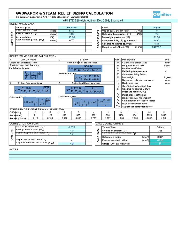 Ognition PSV Sizing Calculation Spreadsheet | PDF | Chemistry ...