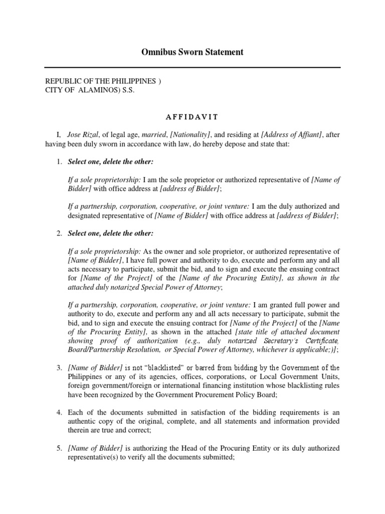 Omnibus Sworn Statement | PDF | Affidavit | Sole Proprietorship