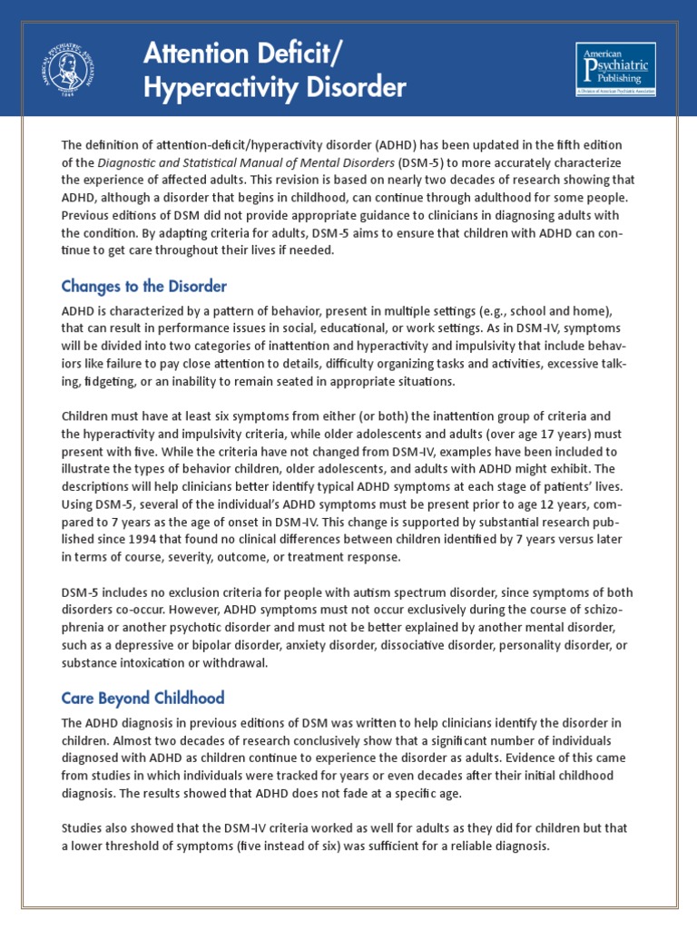 DSM 5 Adhd Fact Sheet | PDF | Attention Deficit Hyperactivity Disorder ...