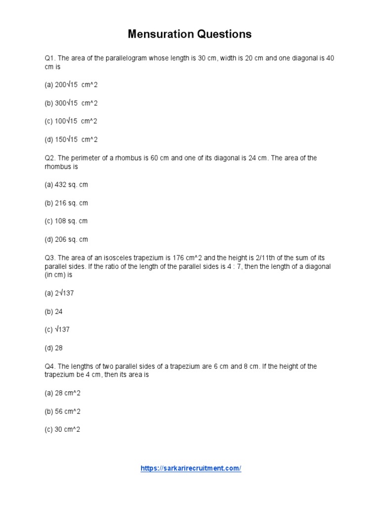 Mensuration Questions | PDF | Area | Triangle