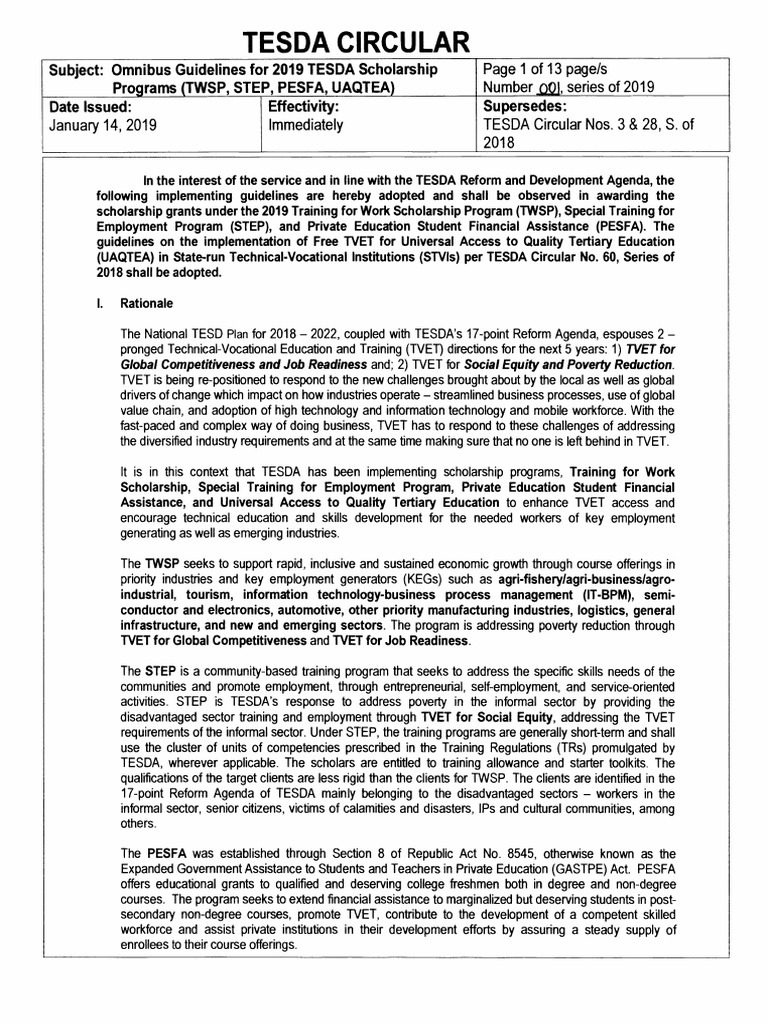 TESDA Circular No. 001-2019 | PDF | Vocational Education | Employment