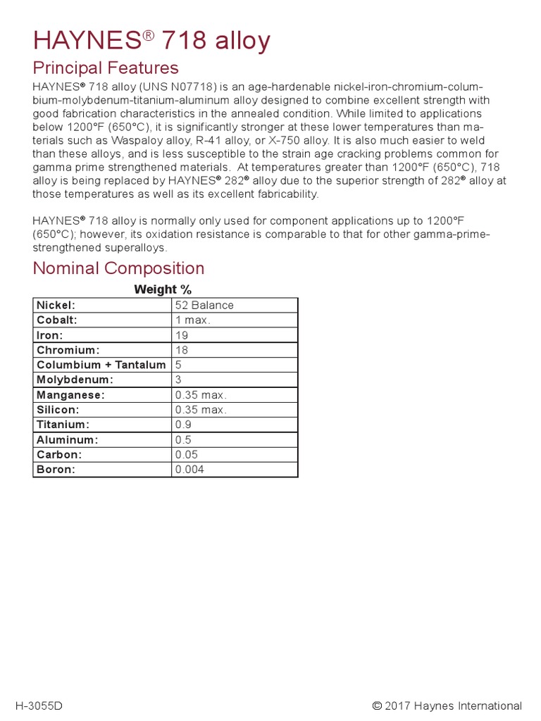 Haynes 718 Alloy: Principal Features | PDF | Welding | Construction