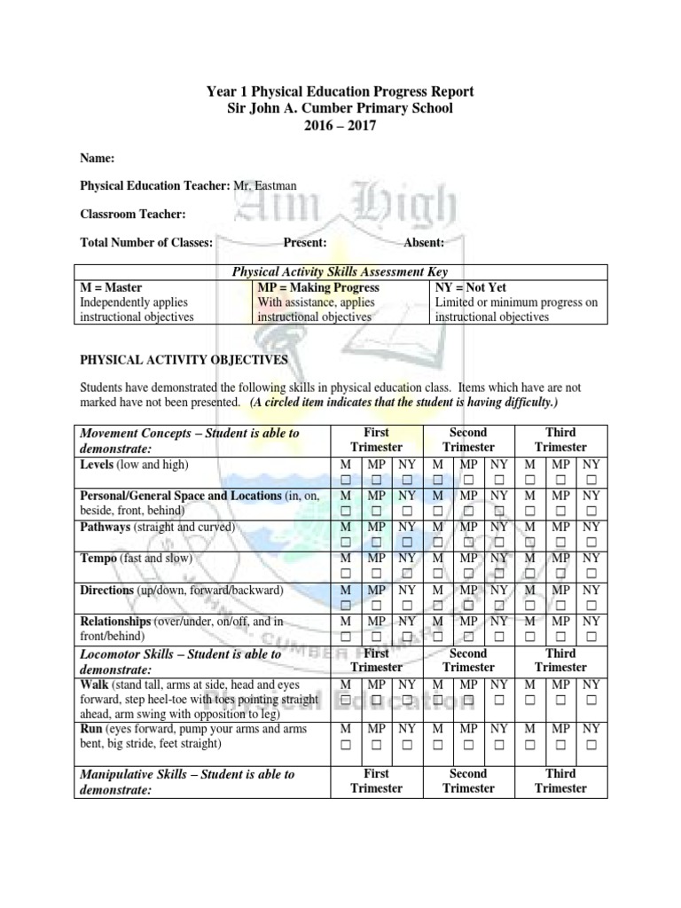 Year 1 Pe Progress Report Card Eastman | PDF | Physical Education ...