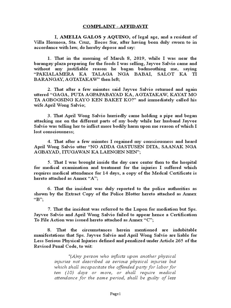 Complaint Affidavit Galos | PDF | Defamation | Virtue