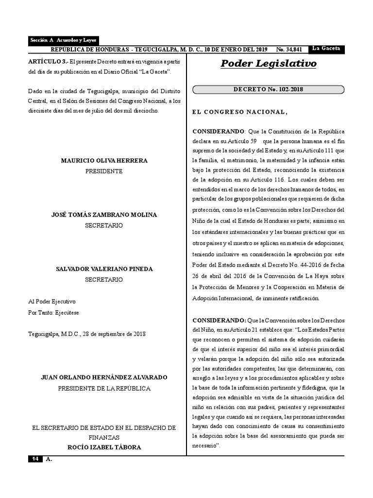 Ley Especial de Adopciones de Honduras Decreto-102-2018 | PDF ...