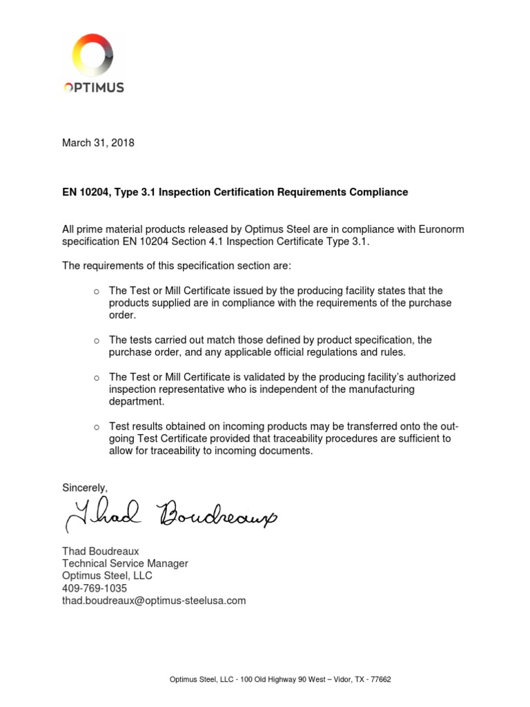EN 10204, Type 3.1 Inspection Certification Requirements Compliance | PDF