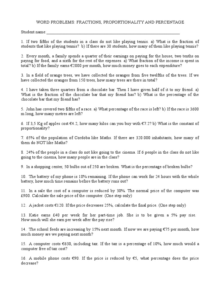 Word Problems Fractions Proportionality Percentage | PDF | Percentage ...